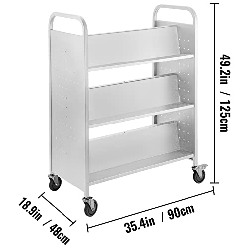 VEVOR Book Cart, 200lbs Library Cart, 35x19x49 Inch Rolling Book Cart Double Sided W-Shaped Sloped Shelves with 4-Inch Lockable Wheels, for Home Shelves Office and School Book Truck in White