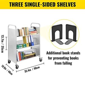 VEVOR Book Cart, 200lbs Library Cart, 35x19x49 Inch Rolling Book Cart Double Sided W-Shaped Sloped Shelves with 4-Inch Lockable Wheels, for Home Shelves Office and School Book Truck in White