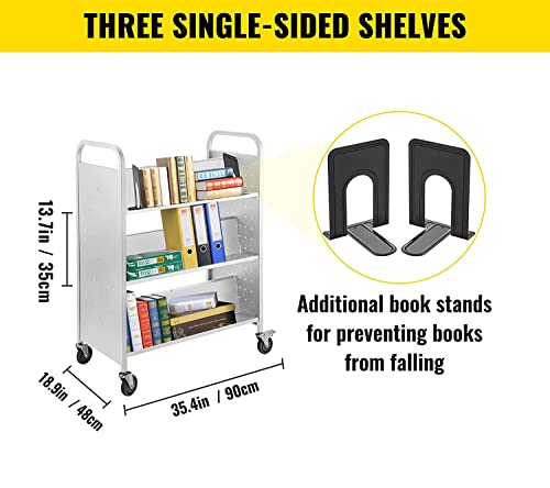 VEVOR Book Cart, 200lbs Library Cart, 35x19x49 Inch Rolling Book Cart Double Sided W-Shaped Sloped Shelves with 4-Inch Lockable Wheels, for Home Shelves Office and School Book Truck in White