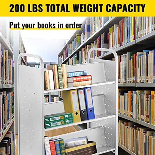 VEVOR Book Cart, 200lbs Library Cart, 35x19x49 Inch Rolling Book Cart Double Sided W-Shaped Sloped Shelves with 4-Inch Lockable Wheels, for Home Shelves Office and School Book Truck in White