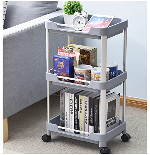 KINGRACK 3 Tier Utility Rolling Cart, Serving Rolling Cart with Control Handle, Mobile Utility Storage Cart for Bathroom Kitchen Laundry Room Office,Grey