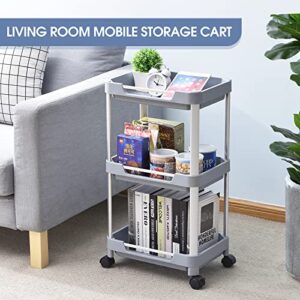 KINGRACK 3 Tier Utility Rolling Cart, Serving Rolling Cart with Control Handle, Mobile Utility Storage Cart for Bathroom Kitchen Laundry Room Office,Grey