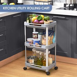 KINGRACK 3 Tier Utility Rolling Cart, Serving Rolling Cart with Control Handle, Mobile Utility Storage Cart for Bathroom Kitchen Laundry Room Office,Grey