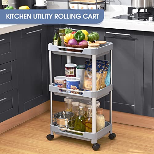 KINGRACK 3 Tier Utility Rolling Cart, Serving Rolling Cart with Control Handle, Mobile Utility Storage Cart for Bathroom Kitchen Laundry Room Office,Grey