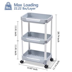 KINGRACK 3 Tier Utility Rolling Cart, Serving Rolling Cart with Control Handle, Mobile Utility Storage Cart for Bathroom Kitchen Laundry Room Office,Grey