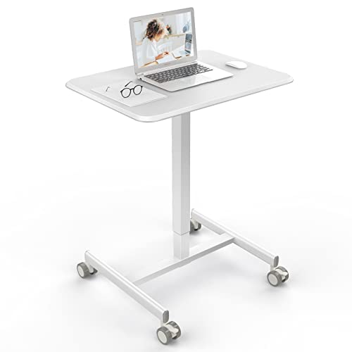 dumos Small Standing Laptop Desk Mobile Standing Desk Manual Adjustable Home Office Desk Height from 28.5“ to 42.7" Rolling Standing Desk 48" x 65“ for Working, Meeting, Teaching, Speeching, White