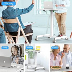 dumos Small Standing Laptop Desk Mobile Standing Desk Manual Adjustable Home Office Desk Height from 28.5“ to 42.7" Rolling Standing Desk 48" x 65“ for Working, Meeting, Teaching, Speeching, White