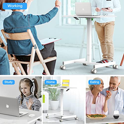 dumos Small Standing Laptop Desk Mobile Standing Desk Manual Adjustable Home Office Desk Height from 28.5“ to 42.7" Rolling Standing Desk 48" x 65“ for Working, Meeting, Teaching, Speeching, White