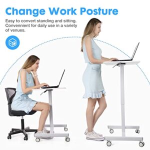 dumos Small Standing Laptop Desk Mobile Standing Desk Manual Adjustable Home Office Desk Height from 28.5“ to 42.7" Rolling Standing Desk 48" x 65“ for Working, Meeting, Teaching, Speeching, White