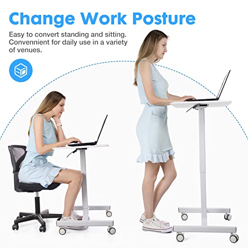 dumos Small Standing Laptop Desk Mobile Standing Desk Manual Adjustable Home Office Desk Height from 28.5“ to 42.7" Rolling Standing Desk 48" x 65“ for Working, Meeting, Teaching, Speeching, White