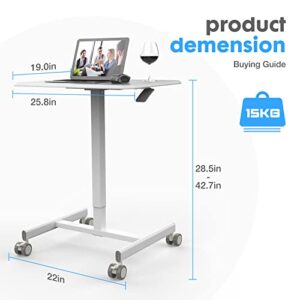 dumos Small Standing Laptop Desk Mobile Standing Desk Manual Adjustable Home Office Desk Height from 28.5“ to 42.7" Rolling Standing Desk 48" x 65“ for Working, Meeting, Teaching, Speeching, White