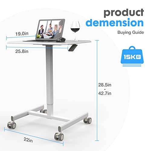 dumos Small Standing Laptop Desk Mobile Standing Desk Manual Adjustable Home Office Desk Height from 28.5“ to 42.7" Rolling Standing Desk 48" x 65“ for Working, Meeting, Teaching, Speeching, White