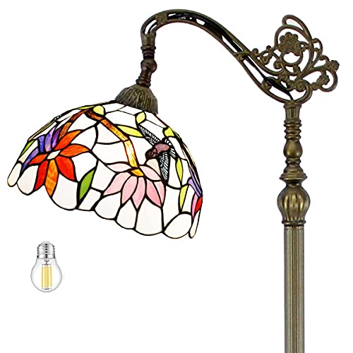 WERFACTORY Tiffany Floor Lamp Hummingbird Flower Stained Glass Arched Lamp 12X18X64 Inches Gooseneck Adjustable Corner Standing Reading Light Decor Bedroom Living Room S801 Series