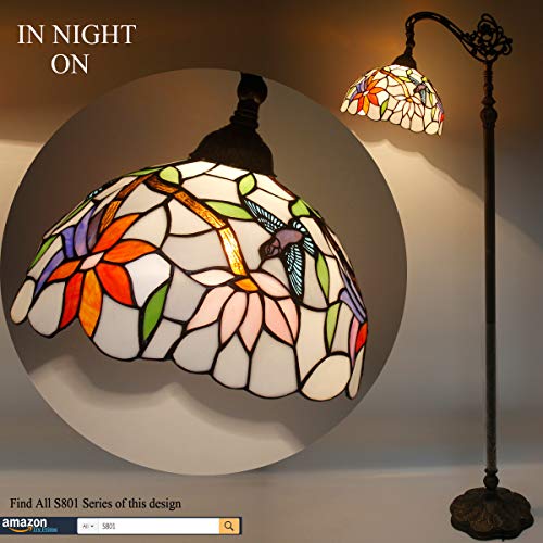 WERFACTORY Tiffany Floor Lamp Hummingbird Flower Stained Glass Arched Lamp 12X18X64 Inches Gooseneck Adjustable Corner Standing Reading Light Decor Bedroom Living Room S801 Series