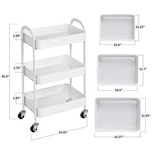 3 Tier Rolling Cart, No Screw Metal Utility Cart, Three Tier Rolling Storage Cart, Rolling Utility Carts with Lockable Wheels Heavy Duty Multifunctional Kitchen Bathroom Organizer Storage Cart, White