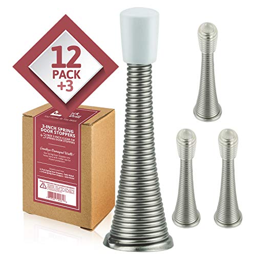 Jack N’ Drill 3” Spring Door Stopper Special Edition Satin Nickel 15pcs Value Pack (12pcs White + 3pcs Clear Tips) Bendable Spring and Heavy Duty Rustproof Door Stop, 100% Safe for Children and Pets