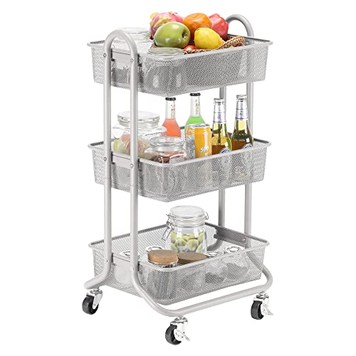 DESIGNA 3-Tier Rolling Utility Cart Storage Shelves Multifunction, Metal Mesh Baskets, Pantry Cart with Lockable Wheels, Gray