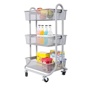 DESIGNA 3-Tier Rolling Utility Cart Storage Shelves Multifunction, Metal Mesh Baskets, Pantry Cart with Lockable Wheels, Gray