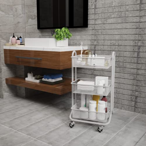 DESIGNA 3-Tier Rolling Utility Cart Storage Shelves Multifunction, Metal Mesh Baskets, Pantry Cart with Lockable Wheels, Gray