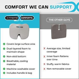 Xtreme Comforts Desk Chair Cushions for Back Support and Tailbone Relief - Memory Foam Coccyx Seat Cushion w/ Handle & Bag for Home Office or Travel - Original (Grey)