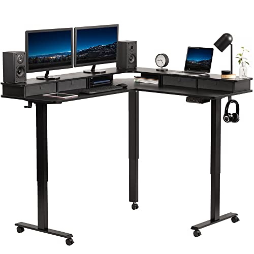 VIVO Electric 2-Tier Height Adjustable 63 x 55 inch Stand Up Corner Desk, L-Shaped Mobile Table with Memory Controller, Black 3-Part Table Top, Black Frame, Dark Gray Storage Drawers, DESK-E3CVB