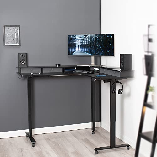 VIVO Electric 2-Tier Height Adjustable 63 x 55 inch Stand Up Corner Desk, L-Shaped Mobile Table with Memory Controller, Black 3-Part Table Top, Black Frame, Dark Gray Storage Drawers, DESK-E3CVB