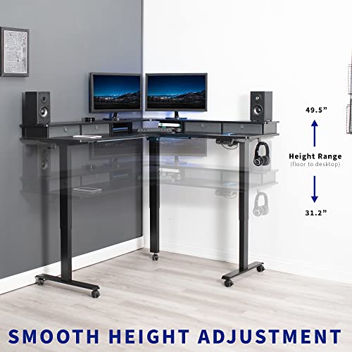 VIVO Electric 2-Tier Height Adjustable 63 x 55 inch Stand Up Corner Desk, L-Shaped Mobile Table with Memory Controller, Black 3-Part Table Top, Black Frame, Dark Gray Storage Drawers, DESK-E3CVB