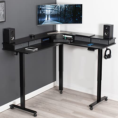 VIVO Electric 2-Tier Height Adjustable 63 x 55 inch Stand Up Corner Desk, L-Shaped Mobile Table with Memory Controller, Black 3-Part Table Top, Black Frame, Dark Gray Storage Drawers, DESK-E3CVB