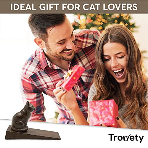 Trovety Linda Cat Door Stopper - Cast Iron Door Stopper with Cat Figurine - Prevent Loud Door Bangs - Keep Doors Open - Decorative Rustic Door Stopper (Sitting Cat)