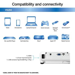 Epson VS260 3-Chip 3LCD XGA Projector, 3,300 Lumens Color Brightness, 3,300 Lumens White Brightness, HDMI, Built-in Speaker, 15,000:1 Contrast Ratio, Small (Renewed)