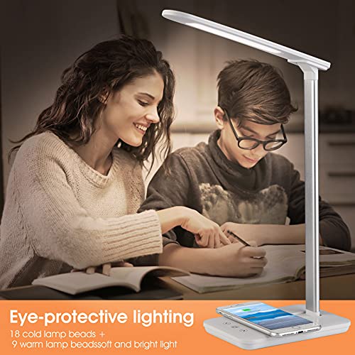 Fasiphe LED Foldable Desk Lamp with Wireless Charger and USB Port, Touch Control, Cold and Warm with 3 Levels Brightness Eye-Protective Reading Lights, Table Lamps for Home Office White