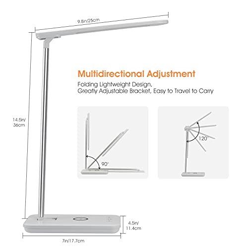 Fasiphe LED Foldable Desk Lamp with Wireless Charger and USB Port, Touch Control, Cold and Warm with 3 Levels Brightness Eye-Protective Reading Lights, Table Lamps for Home Office White