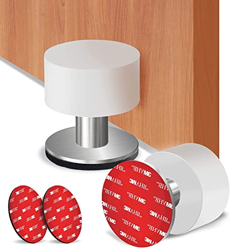 Rubber Door Stop with Extra Stickers, Self-Adhesive Door Stopper with White Rubber & Stainless Steel Body - Heavy Duty Sound Dampening Door Bumpers for Home & Office Use