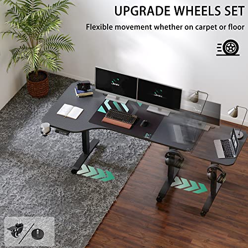 JWX L Shaped Electric Standing Desk, 63 Inches Stand Up Corner Desk, Home Office Sit Stand Desk with Carbon Firben Top, Black Frame & Caster Wheels Set…