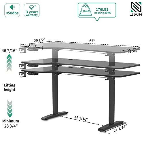 JWX L Shaped Electric Standing Desk, 63 Inches Stand Up Corner Desk, Home Office Sit Stand Desk with Carbon Firben Top, Black Frame & Caster Wheels Set…