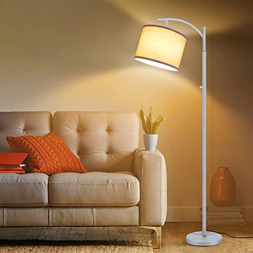 OUTON LED Floor Lamp, 3 Color Temperatures Modern Lamp with Rotary Switch, Adjustable Tall Standing Reading Lamp with Hanging White Linen Texture Shade for Living Room, Bedroom, Office, Silver Grey