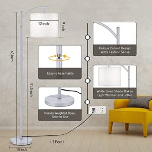 OUTON LED Floor Lamp, 3 Color Temperatures Modern Lamp with Rotary Switch, Adjustable Tall Standing Reading Lamp with Hanging White Linen Texture Shade for Living Room, Bedroom, Office, Silver Grey