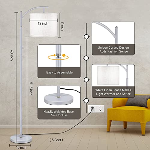 OUTON LED Floor Lamp, 3 Color Temperatures Modern Lamp with Rotary Switch, Adjustable Tall Standing Reading Lamp with Hanging White Linen Texture Shade for Living Room, Bedroom, Office, Silver Grey