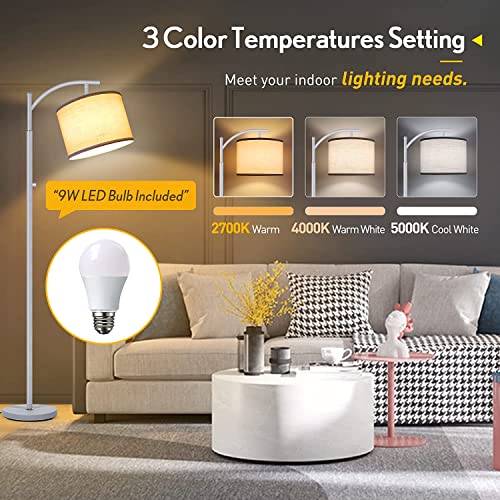 OUTON LED Floor Lamp, 3 Color Temperatures Modern Lamp with Rotary Switch, Adjustable Tall Standing Reading Lamp with Hanging White Linen Texture Shade for Living Room, Bedroom, Office, Silver Grey