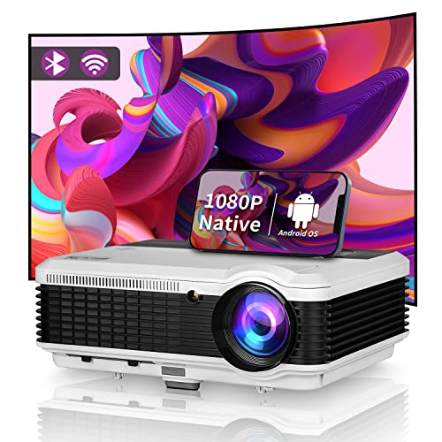 LCD Smart Bluetooth WiFi Projector 1080P Native 8000Lumen, LED Home Projector with Android utdoor Indoor Room Movie Night, Built-in Netflix Wireless Projector for Phones Sync, TV Stick, USB HDMI