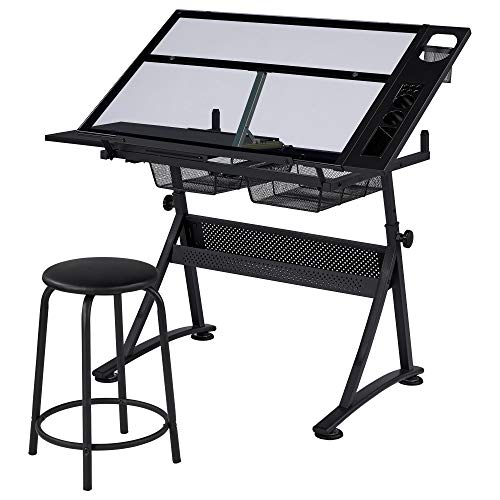 Topeakmart Height Adjustable Drafting Desk Artist Drawing Table Tilted Tabletop Art Desk Work Station w/2 Storage Drawers and Stool for Home Office