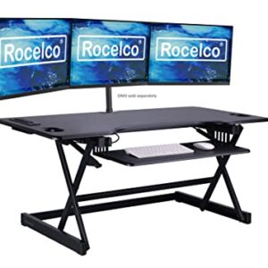 Rocelco 46" Height Adjustable Standing Desk Converter - Desktop AC USB Charger - Sit Stand Up Triple Monitor Riser - Tall Computer Workstation - Retractable Keyboard Tray - Black (R DADRB-46-ACUSB)