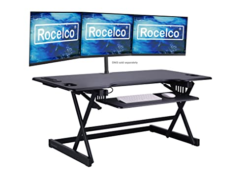 Rocelco 46" Height Adjustable Standing Desk Converter - Desktop AC USB Charger - Sit Stand Up Triple Monitor Riser - Tall Computer Workstation - Retractable Keyboard Tray - Black (R DADRB-46-ACUSB)