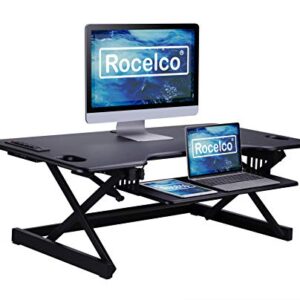 Rocelco 46" Height Adjustable Standing Desk Converter - Desktop AC USB Charger - Sit Stand Up Triple Monitor Riser - Tall Computer Workstation - Retractable Keyboard Tray - Black (R DADRB-46-ACUSB)