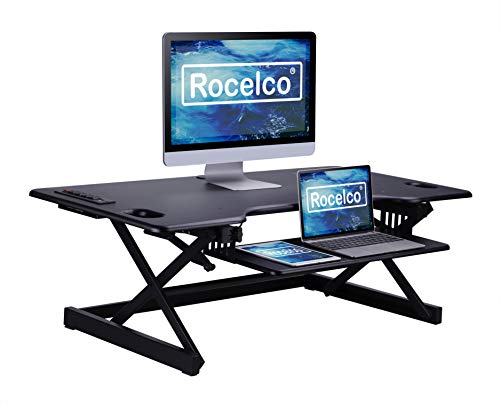 Rocelco 46" Height Adjustable Standing Desk Converter - Desktop AC USB Charger - Sit Stand Up Triple Monitor Riser - Tall Computer Workstation - Retractable Keyboard Tray - Black (R DADRB-46-ACUSB)