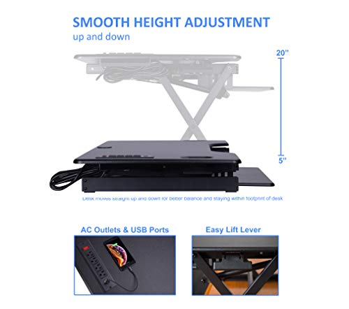 Rocelco 46" Height Adjustable Standing Desk Converter - Desktop AC USB Charger - Sit Stand Up Triple Monitor Riser - Tall Computer Workstation - Retractable Keyboard Tray - Black (R DADRB-46-ACUSB)