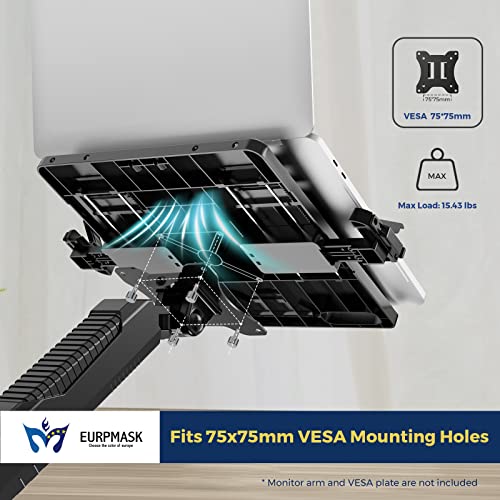 EURPMASK Laptop Tray for Monitor VESA Mount,Laptop Holder Mount Tray Fits 75×75mm VESA Mounting Holes,with Side Clamp and Vented Notebook Tray,for Laptop11''to 15.6'',15.43lbs Capacity (Tray Only)