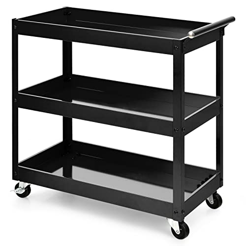 Happytools 3-Tier Rolling Cart, 330 lbs Capacity Utility Cart with 4 Swivel Wheels, Heavy Duty Metal Service Push Cart Mechanic Organizer for Home Kitchen Garage Warehouse (Black)