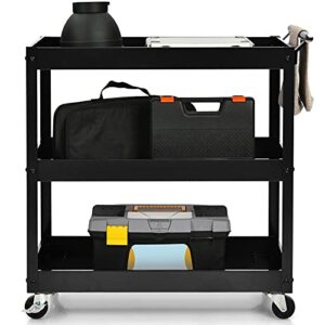 Happytools 3-Tier Rolling Cart, 330 lbs Capacity Utility Cart with 4 Swivel Wheels, Heavy Duty Metal Service Push Cart Mechanic Organizer for Home Kitchen Garage Warehouse (Black)