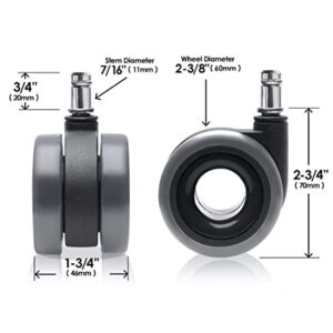 Slipstick CB685 Dual Bearing Rubber Office Chair Caster Wheels (Set of 5 Castors) Universal Fit Replacement Chair Casters for Hardwood Floors & Carpet, 2-3/8” Twin Rollers, 7/16 Inch Stem